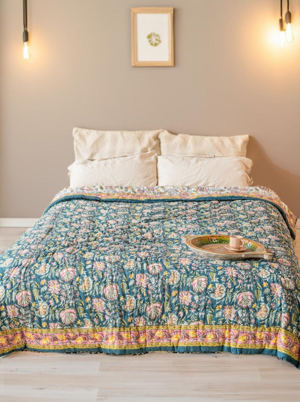 Floral Reversible Quilt Natural Cotton Cover With Blue Grey Green Multi Colours