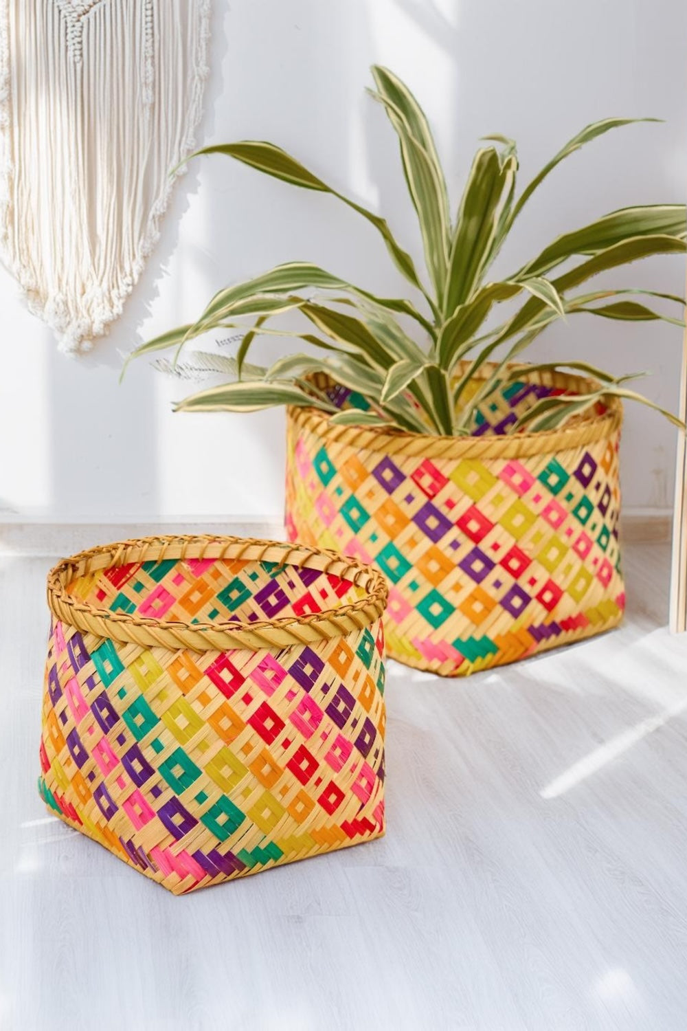 Rainbow Check Bamboo Storage Basket Set | Plant Pots | Planters ...