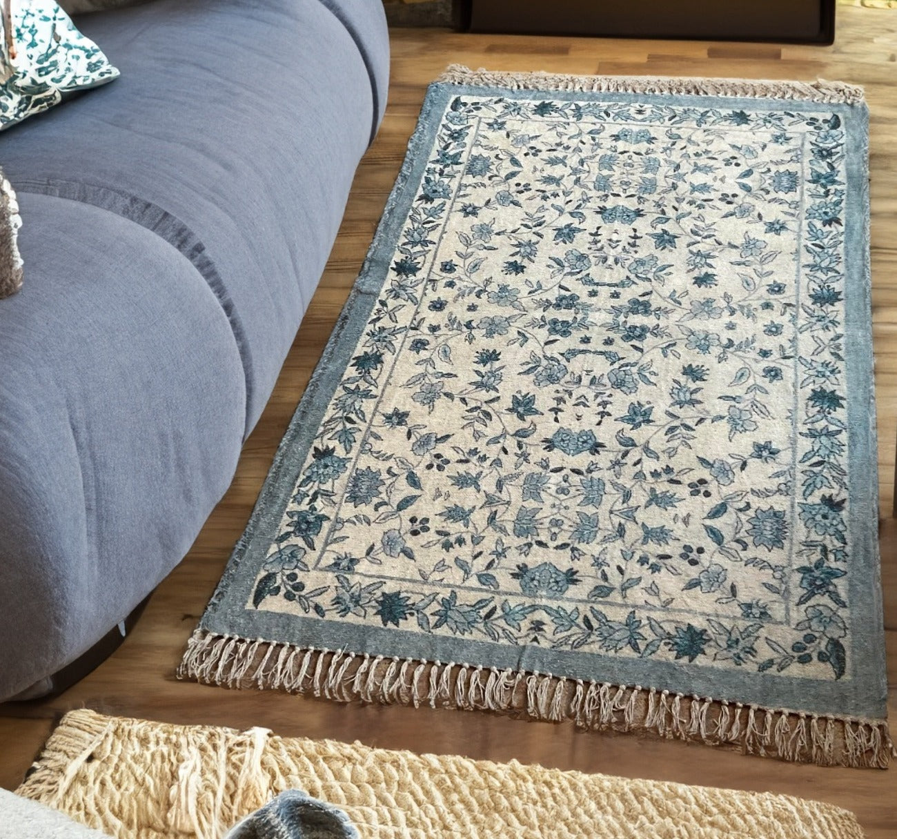 Natural Cotton Digital Print Rug Ethnic Design Blue Floral Pattern 120 ...