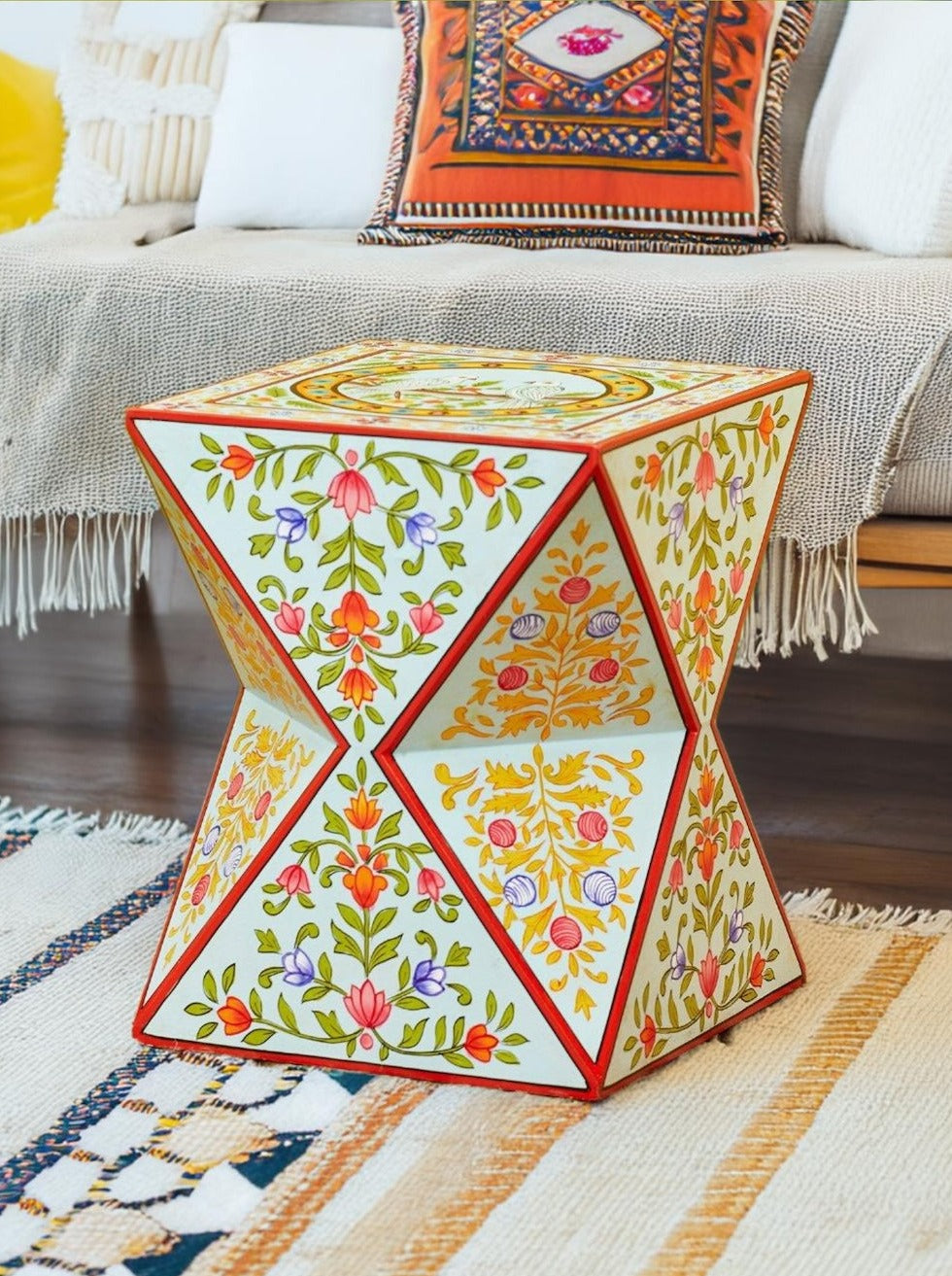 Indian Hand Painted Table Square Cut Design Side Table or Stool ...