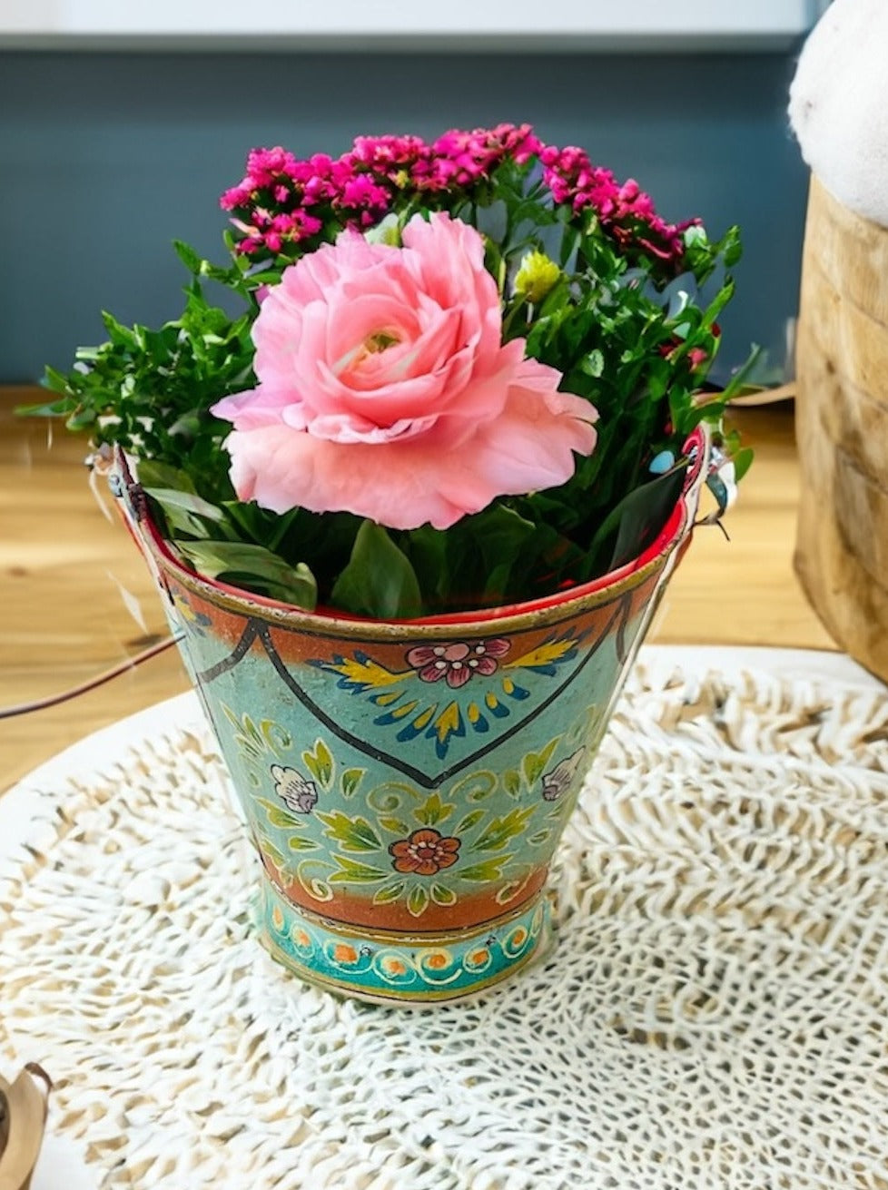Unique Plant Holder: Hand-Painted Iron Bucket with Floral Design ...