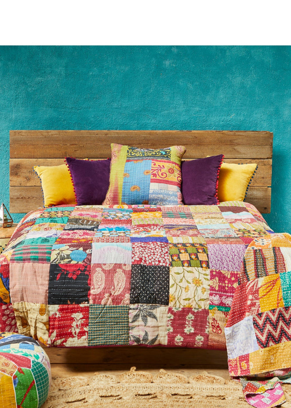 Kantha Throw Bedcover Vintage Multi Colour Quilted Patchwork Design ...