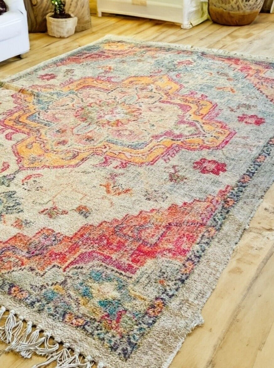 Natural Cotton Digital Print Rug Ethnic Design Yellow Red Blue 120 cm ...