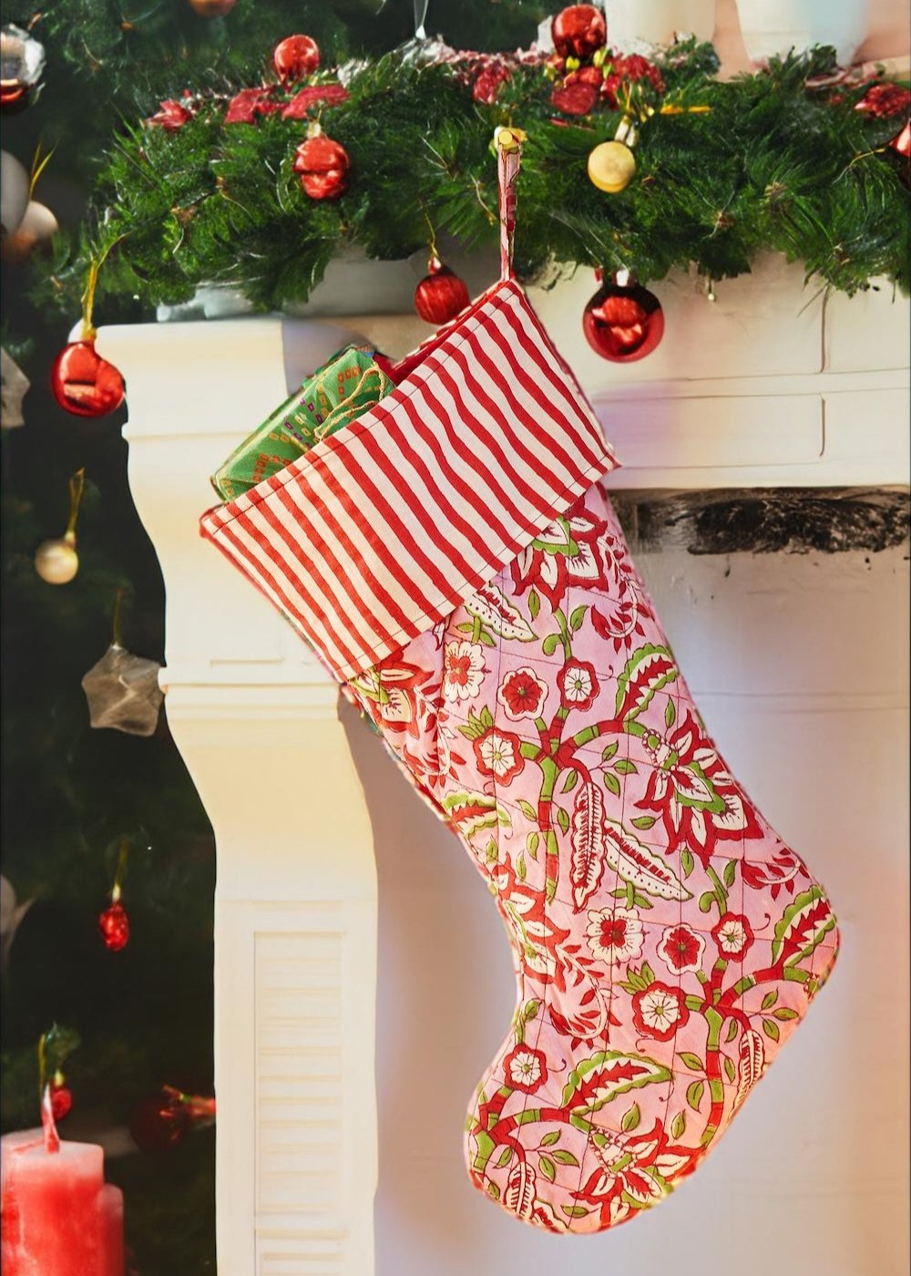 Pink Floral Block Print Christmas Stocking Xmas Decorations – Second ...