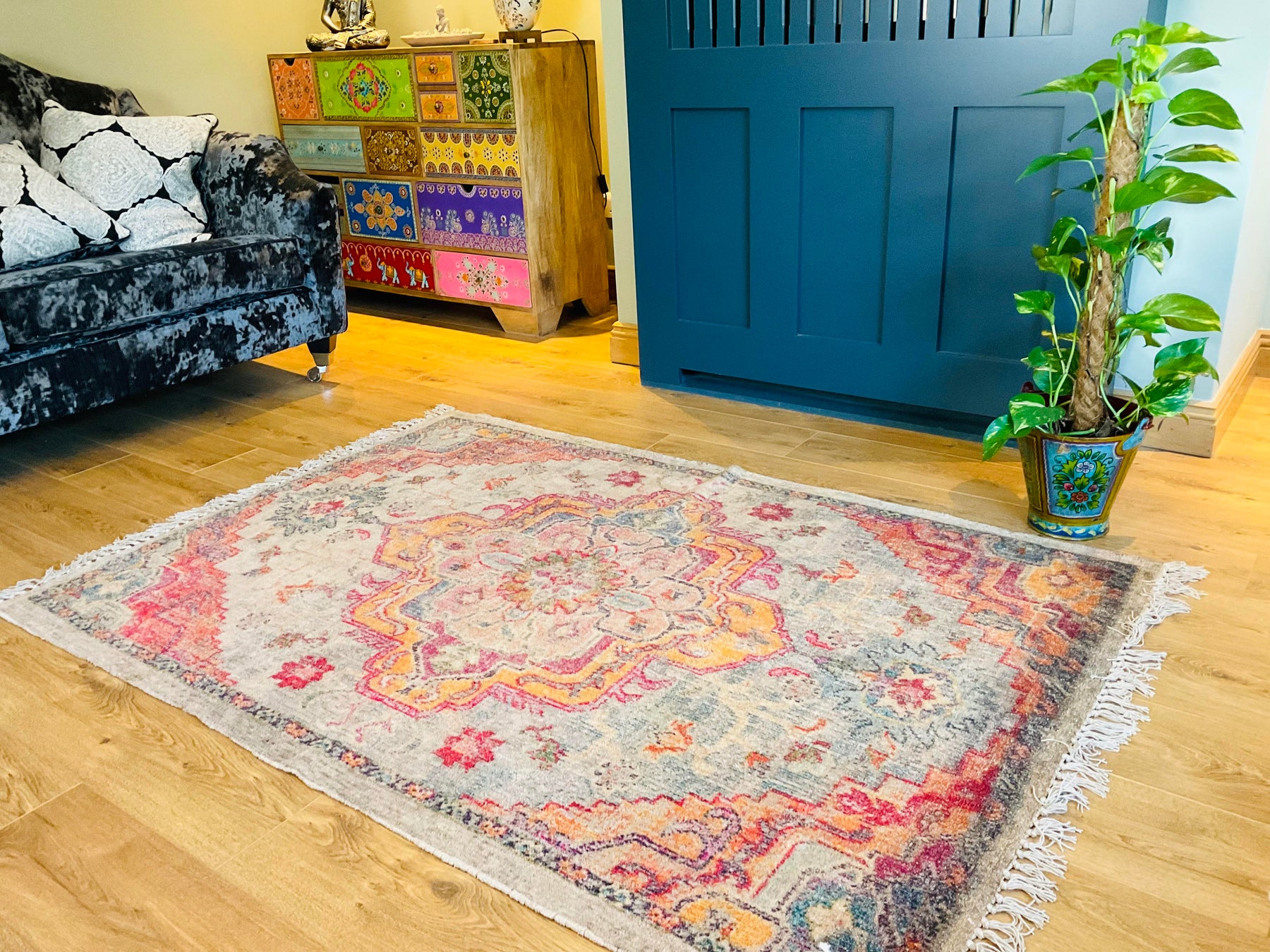 Natural Cotton Digital Print Rug Ethnic Design Yellow Red Blue 120 cm ...